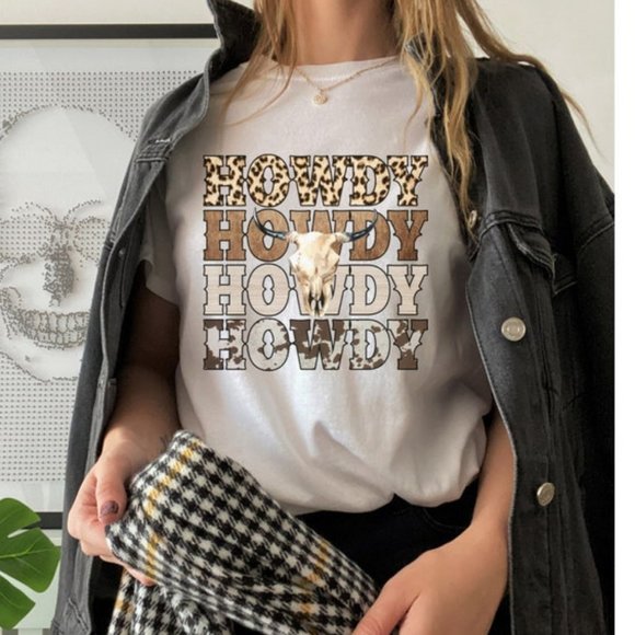Tops | Western Howdy Bull Skull T Cow Print Southern Country Cowgirl ...